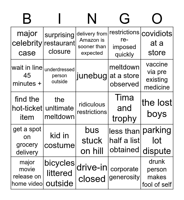 LOCKDOWN BINGO, SUMMER 2020 Card 1 Bingo Card