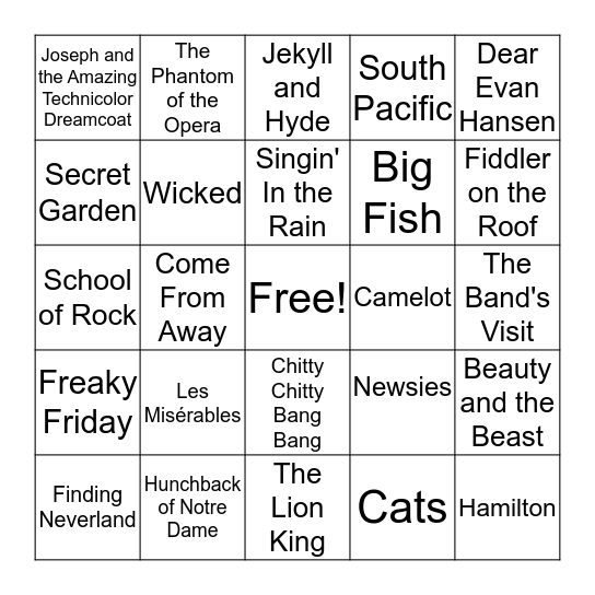 Musical Theatre Song Challenge Bingo Card