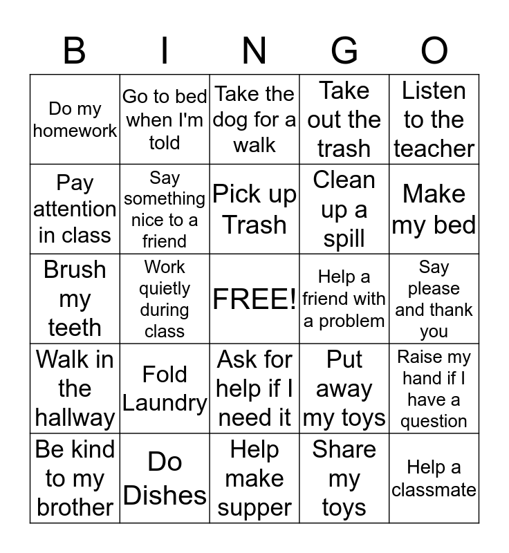 Making Good Choices Bingo Card