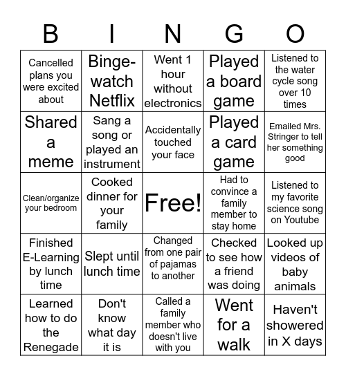 Social Distance Bingo Card