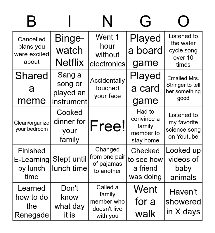 Social Distance Bingo Card