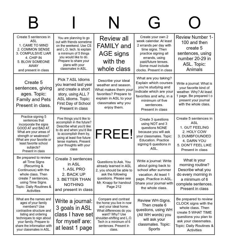 Bell Work Assignment Bingo Card