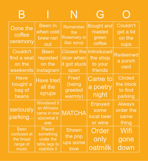 Boon Boona Coffee Bingo Card
