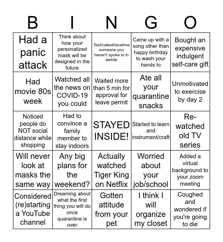 Social Distancing BINGO Card