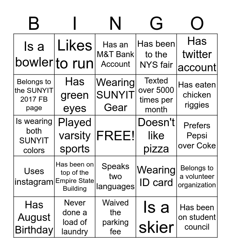 SUNYIT BINGO Card
