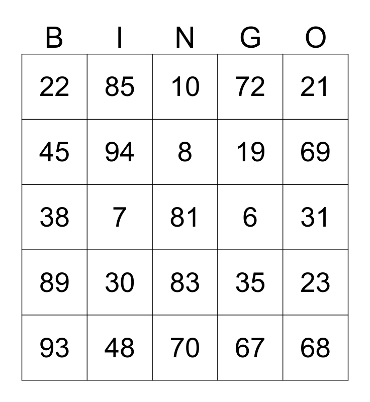 Number Bingo 1-100 Bingo Card