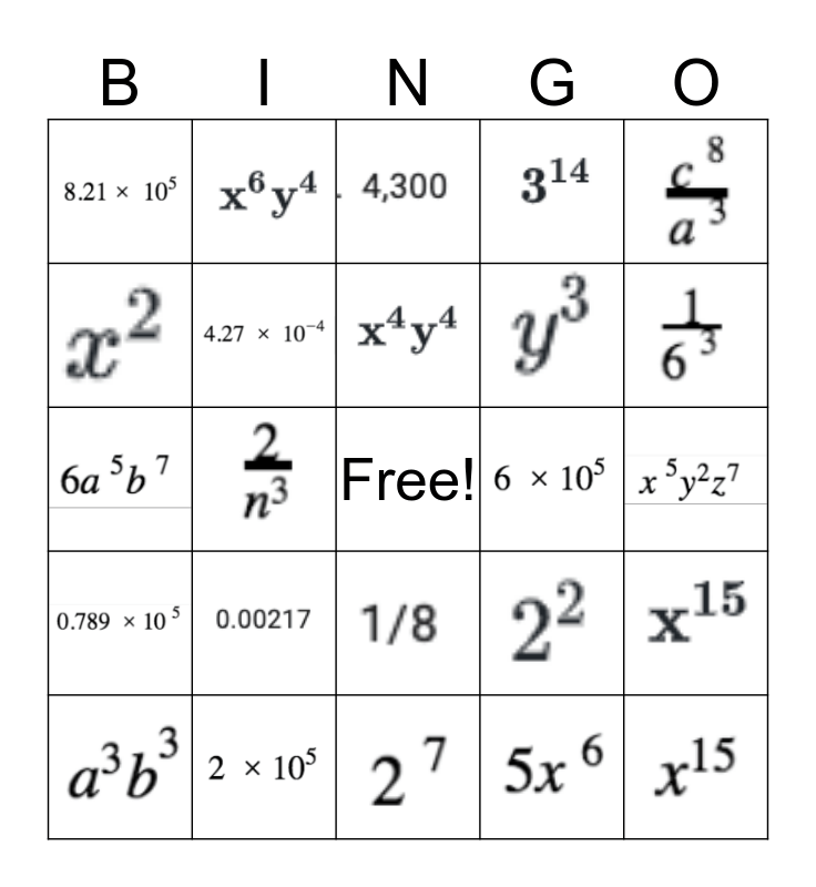 Exponent Bingo Card