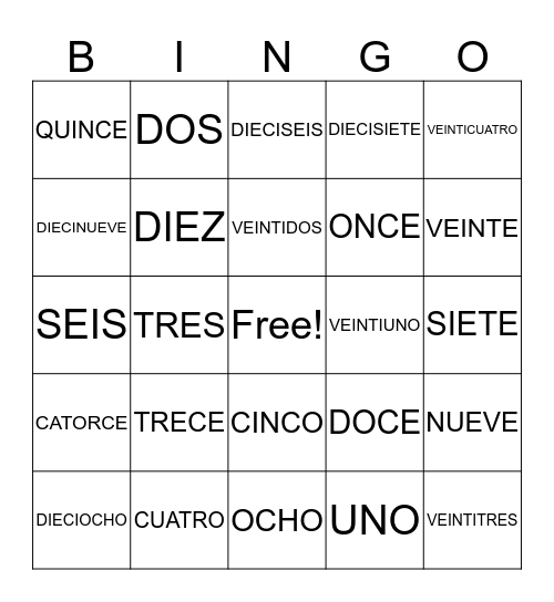 Spanish Number 1 - 24 Bingo Card