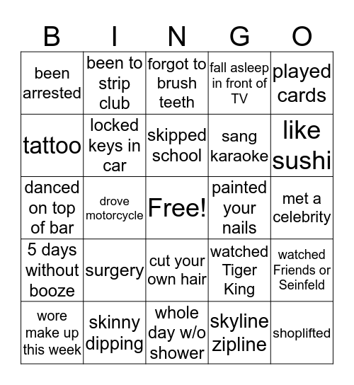 Boredom Bingo Card