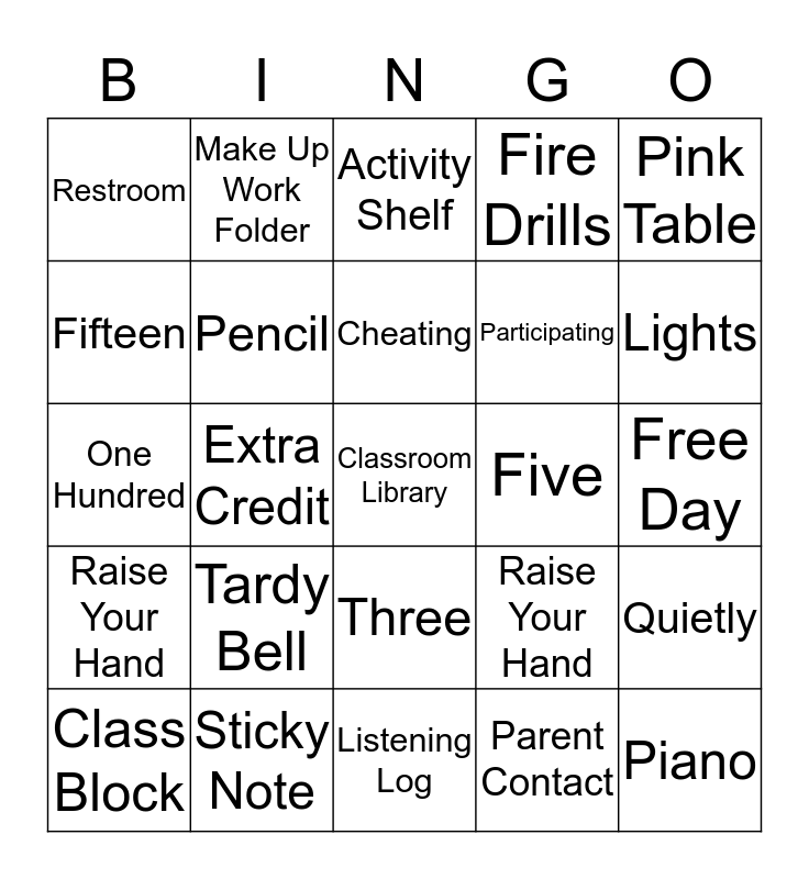 Classroom Rules Bingo Card