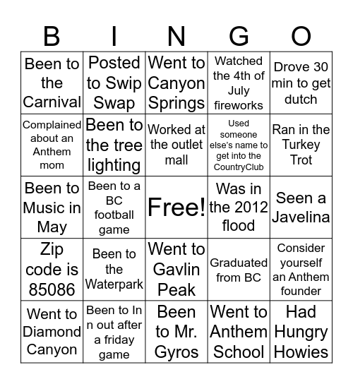 Anthem Bingo Card