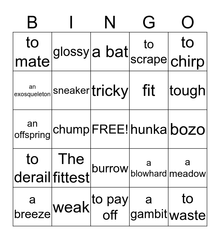 Bingo "Survival of the sneakiest" Bingo Card