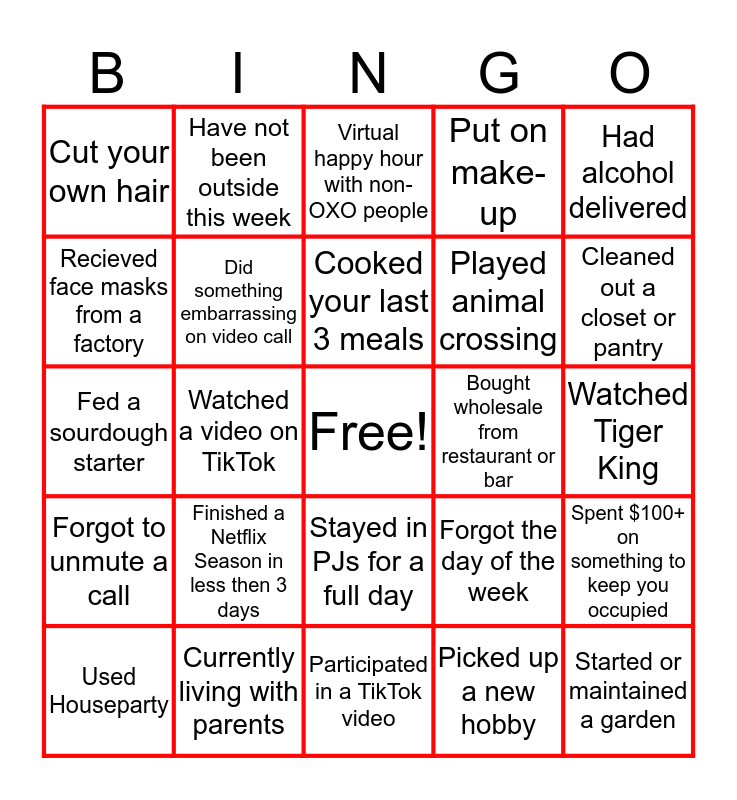 OXO WFH BINGO Card