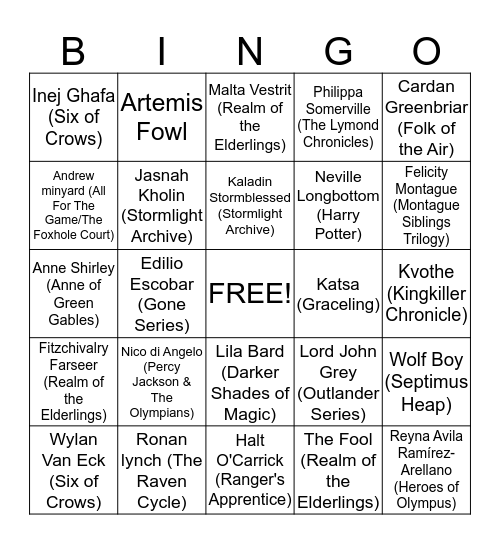Favorite Book Character Bingo Card