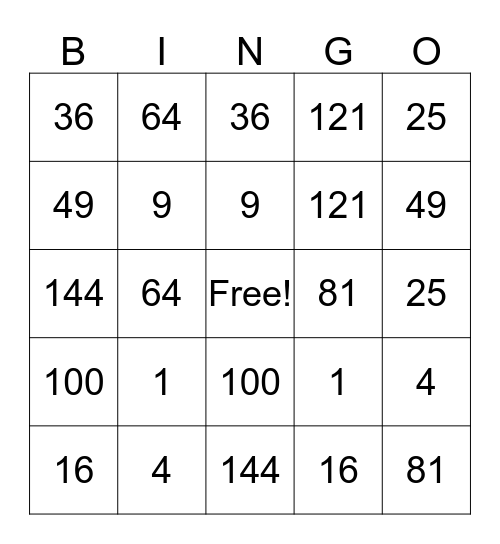 Squares to 144 Bingo Card