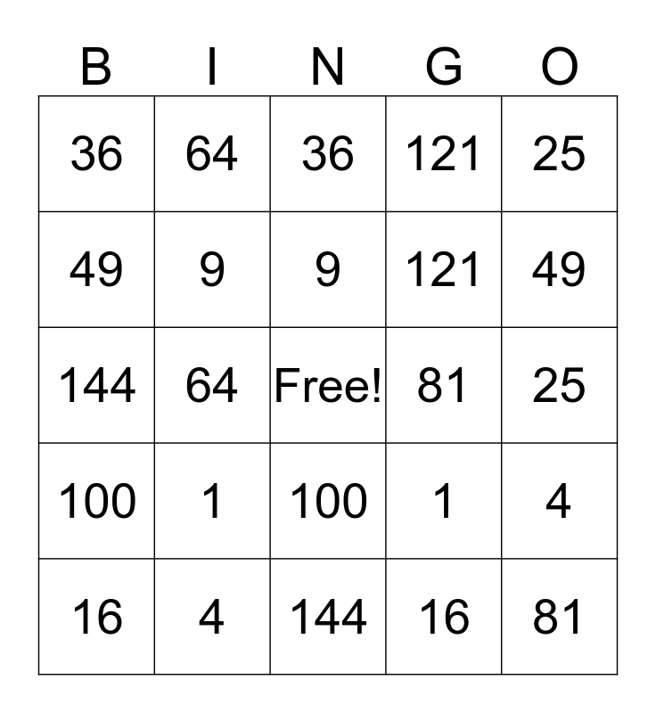 Squares to 144 Bingo Card