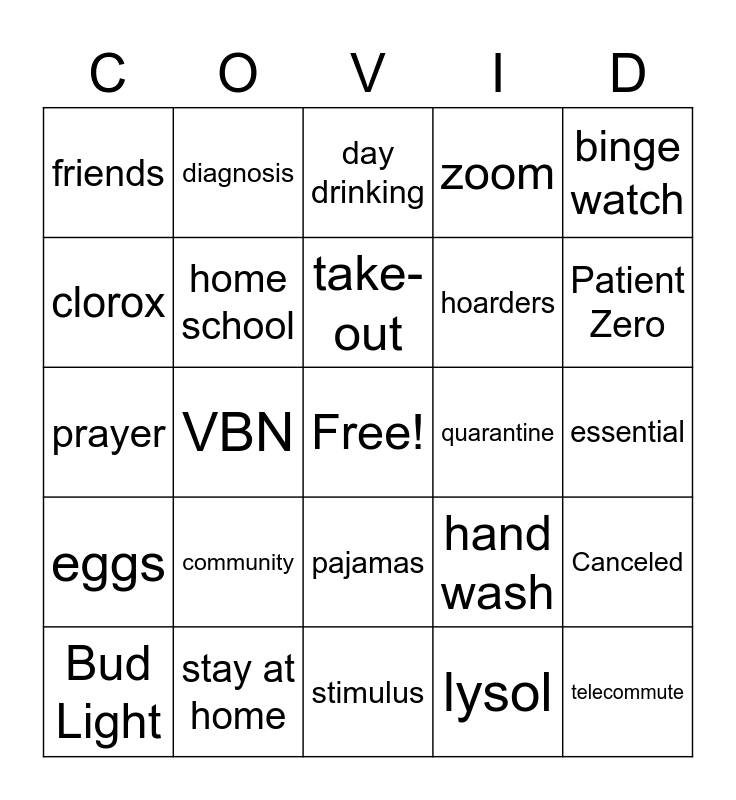 COVID 19 Bingo Card