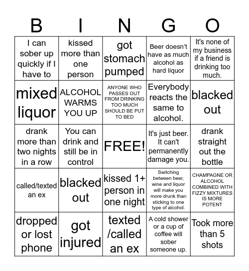 Alcohol Bingo Card