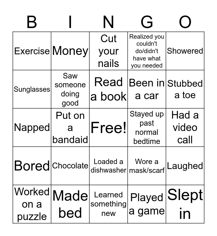 The past 3 days Bingo Card