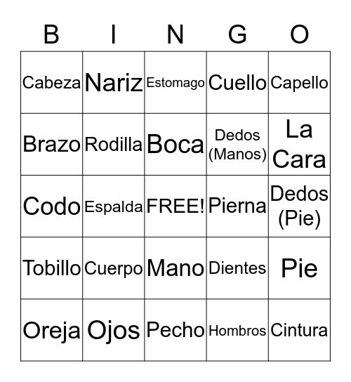 Parts of the Body in Spanish Bingo Card