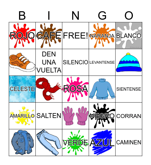 SPANISH BINGO- Colors, Clothes, Commands- Words & Pictures Bingo Card