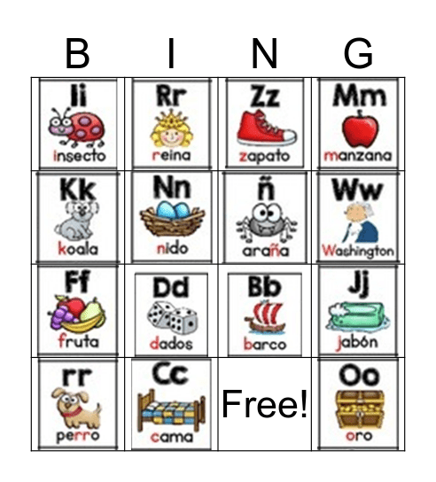 Spanish Alphabet Bingo Card
