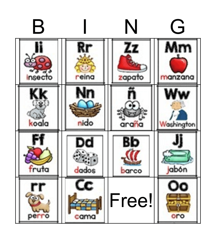 Spanish Alphabet Bingo Card