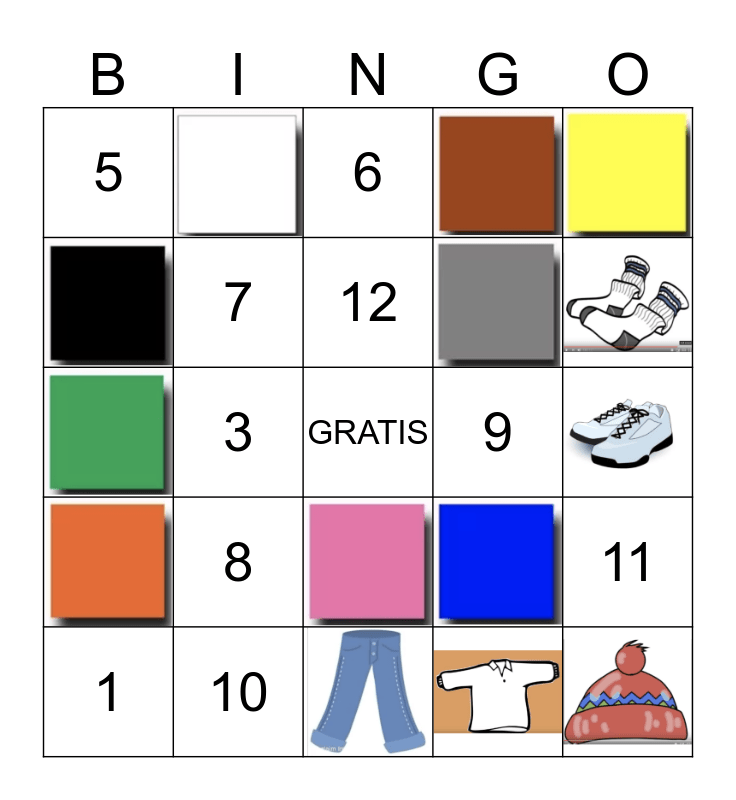 Spanish Bingo- Clothes, Colors, Numbers Bingo Card