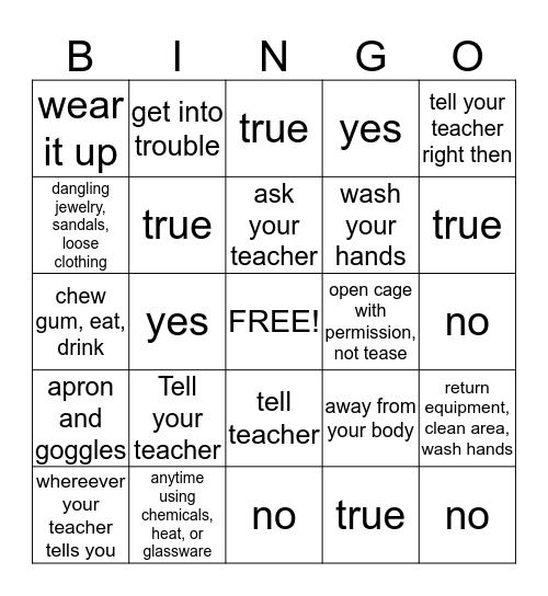 Science Safety Bingo Card