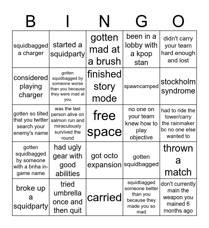 splatoon bingo Card