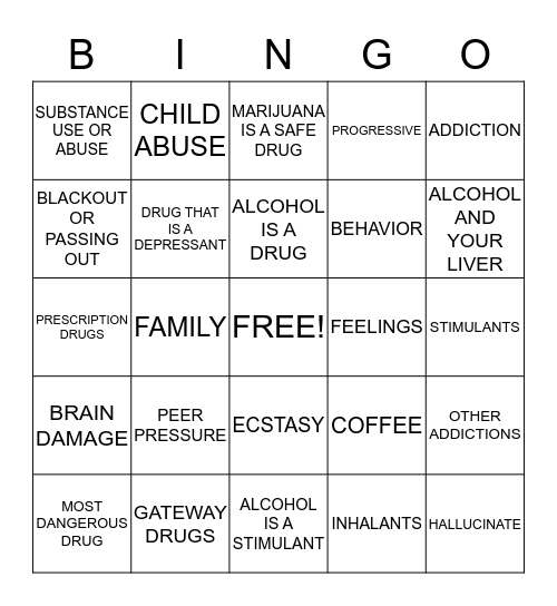 Alcohol and Drug Education Bingo Card