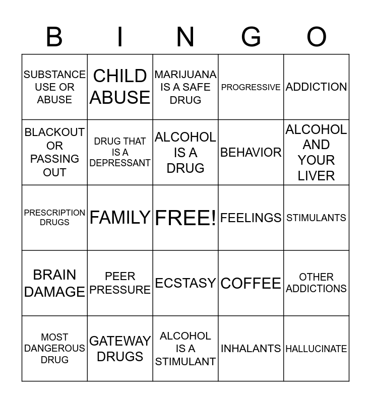 Alcohol and Drug Education Bingo Card