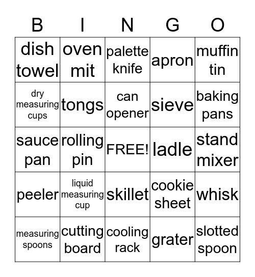 Kitchen Utensils Bingo Card