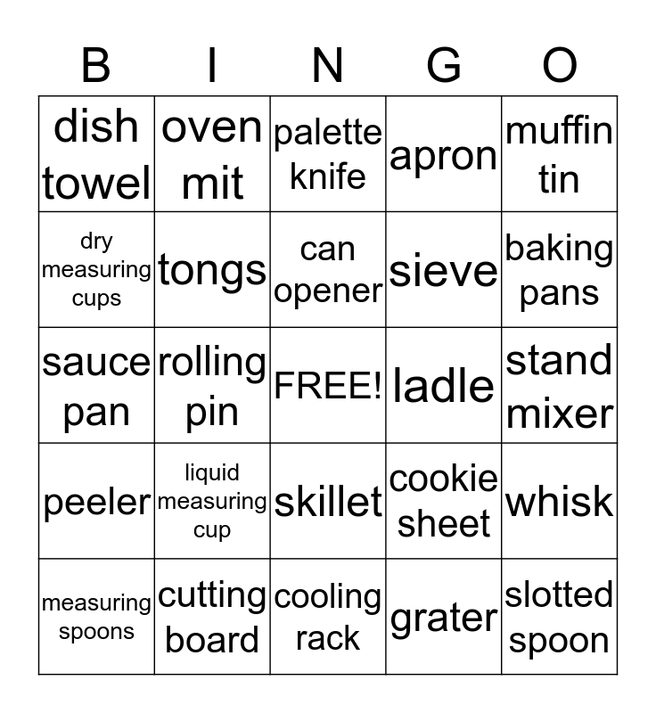 Kitchen Utensils Bingo Card