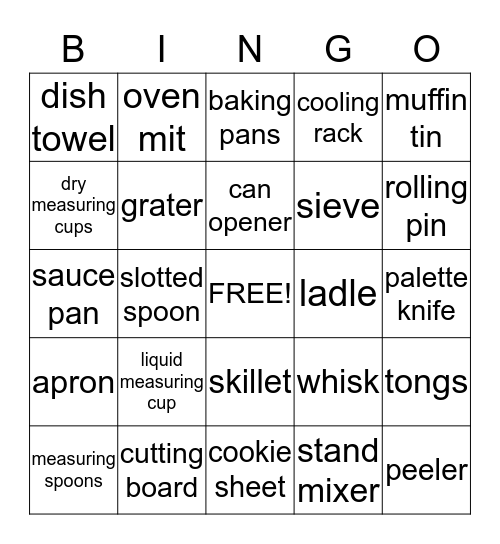 Kitchen Utensils Bingo Card