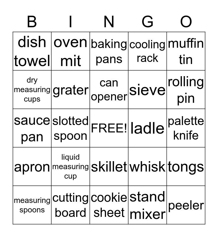 Kitchen Utensils Bingo Card