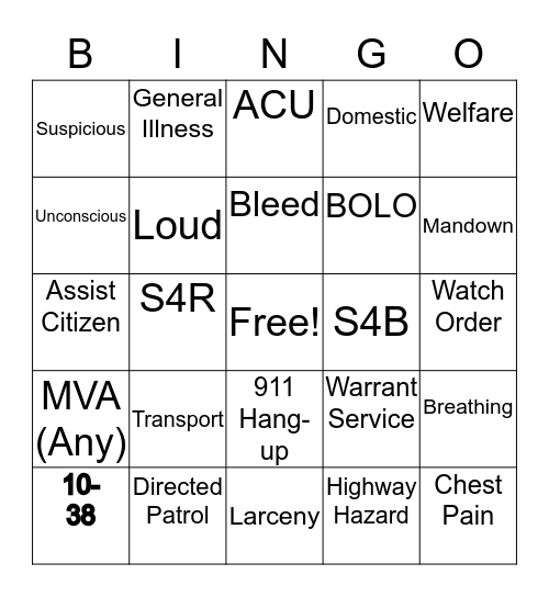 911 Dispatch Bingo Card