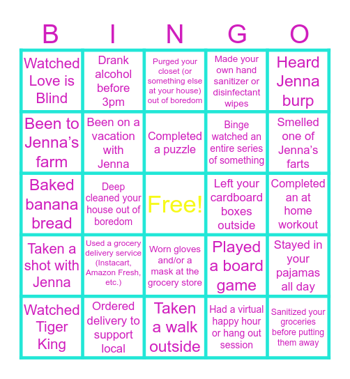 Jenna's Quarantine Bingo Bash! Bingo Card