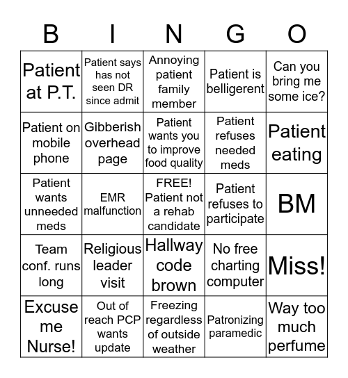 Hospital Bingo Card Hospital Bingo Card