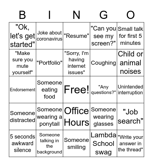 Zoom Call Bingo Card