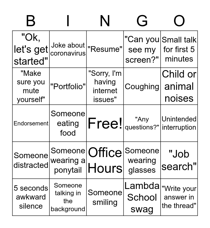 Zoom Call Bingo Card