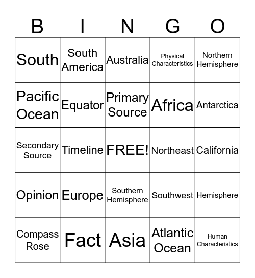 Geography Bingo Card