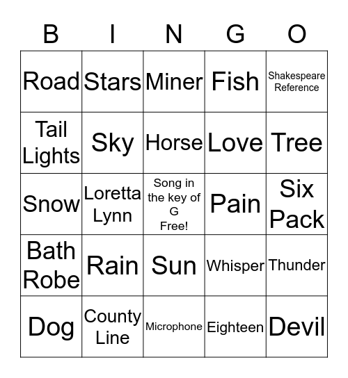 Tony Song Lyric BINGO Card