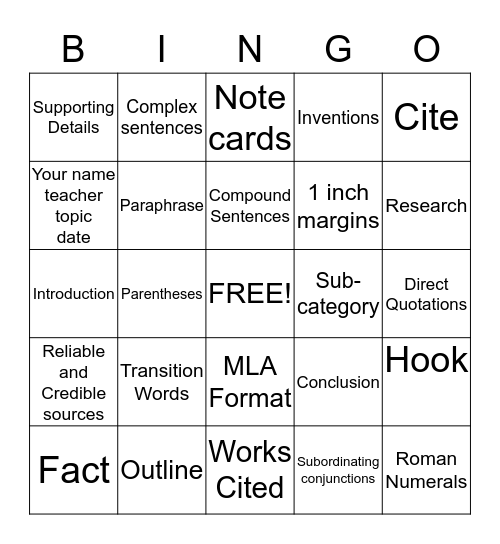 Research Paper Bingo Card