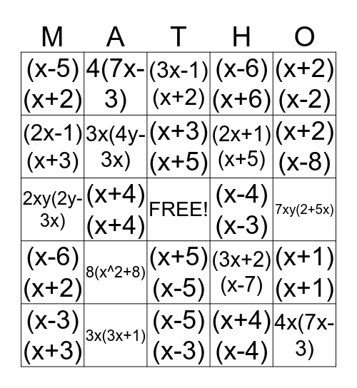 Factoring Polynomials Bingo Card