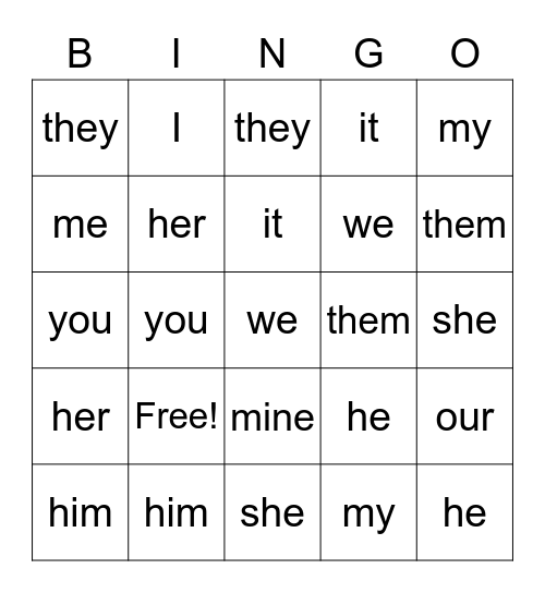 Pronouns Bingo Card