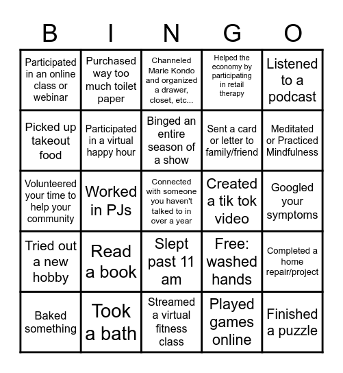Social Distancing Bingo Card