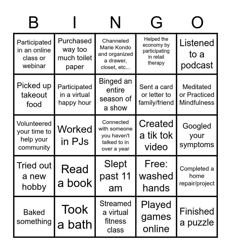 Social Distancing Bingo Card