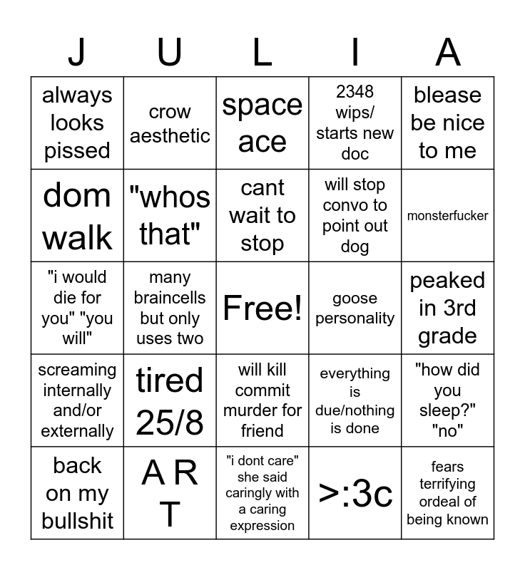 how julia are you Bingo Card