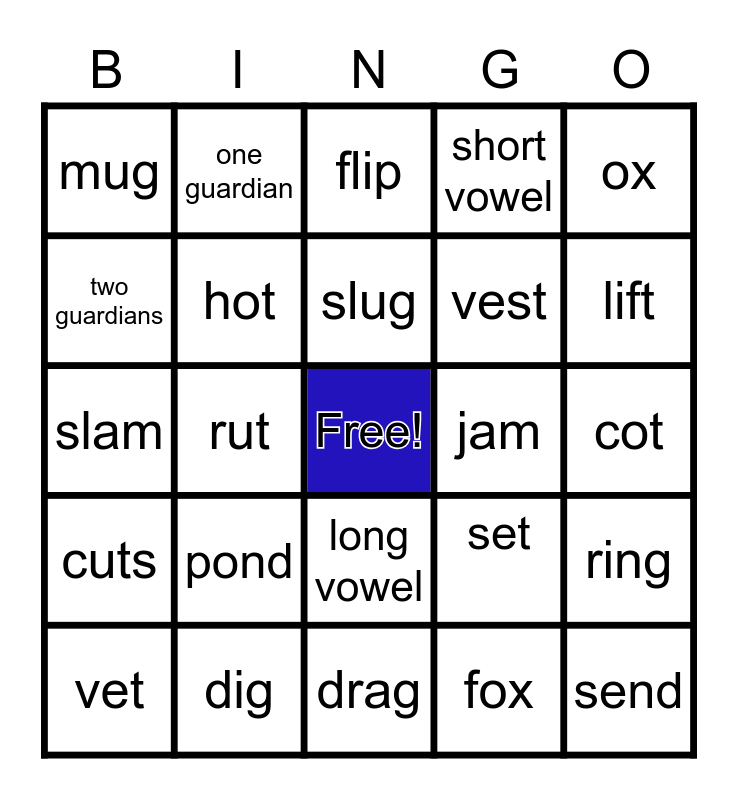 SPIRE SHORT VOWELS - LEVEL 1 Bingo Card